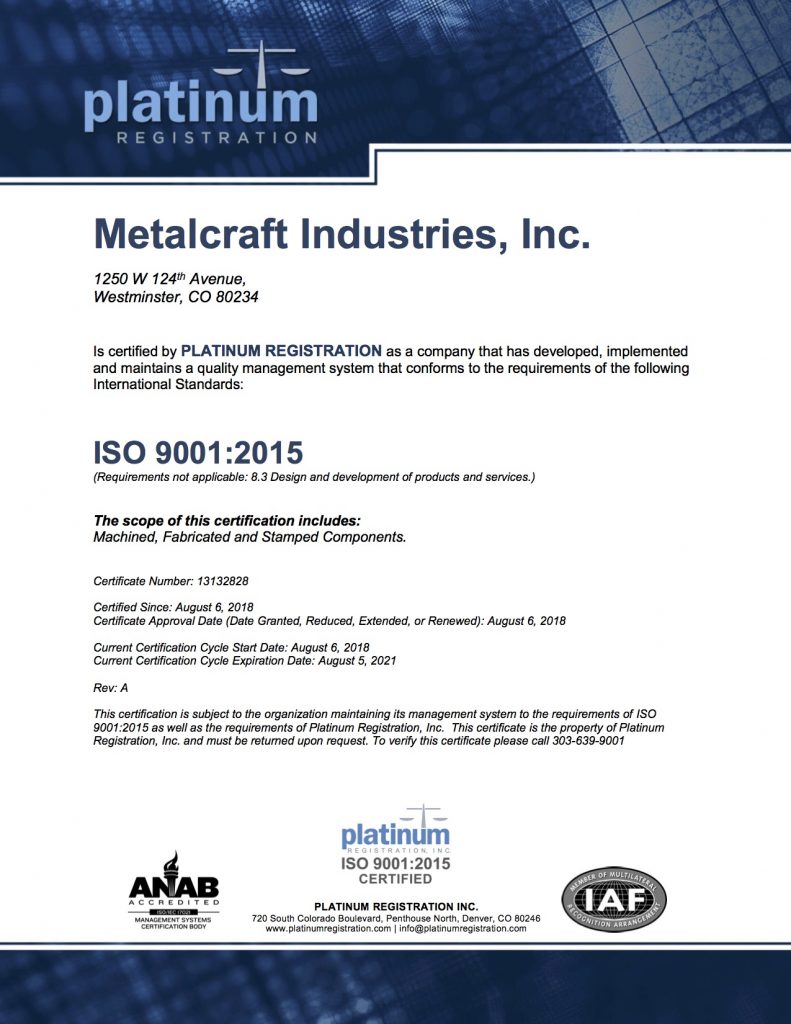 Metalcraft Industries Inc. ISO Certification 9001:2008 or 2015